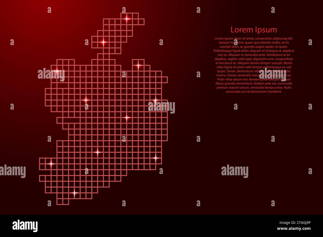 Ireland map silhouette from red mosaic structure squares and glowing ...