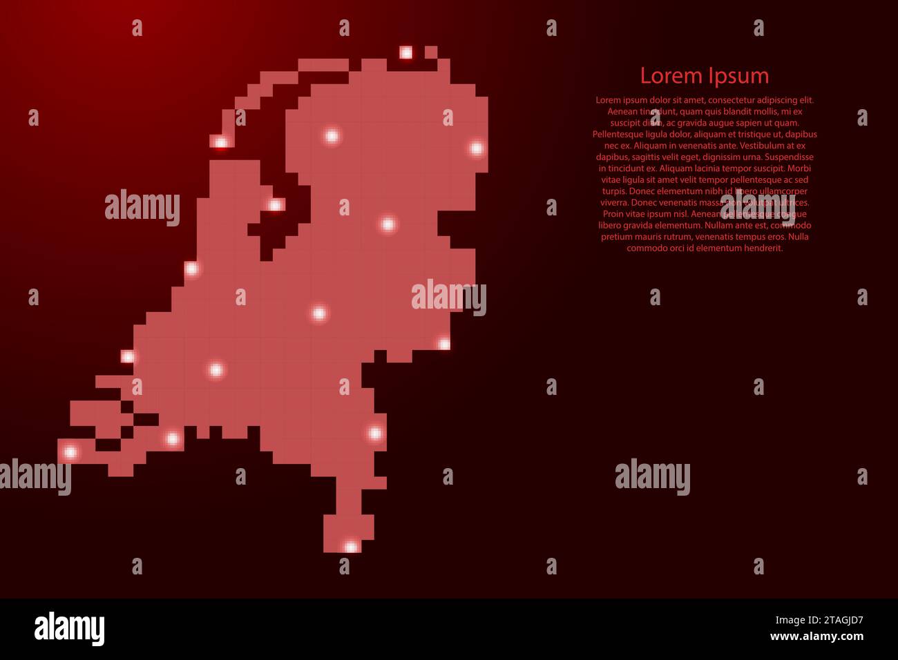 Netherlands map silhouette from red square pixels and glowing stars ...