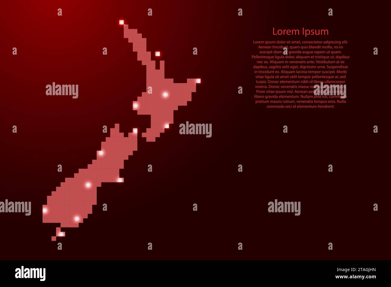New Zealand map silhouette from red square pixels and glowing stars ...