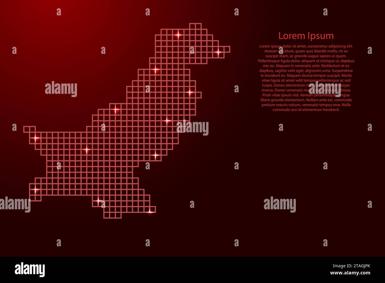 Pakistan map silhouette from red mosaic structure squares and glowing ...