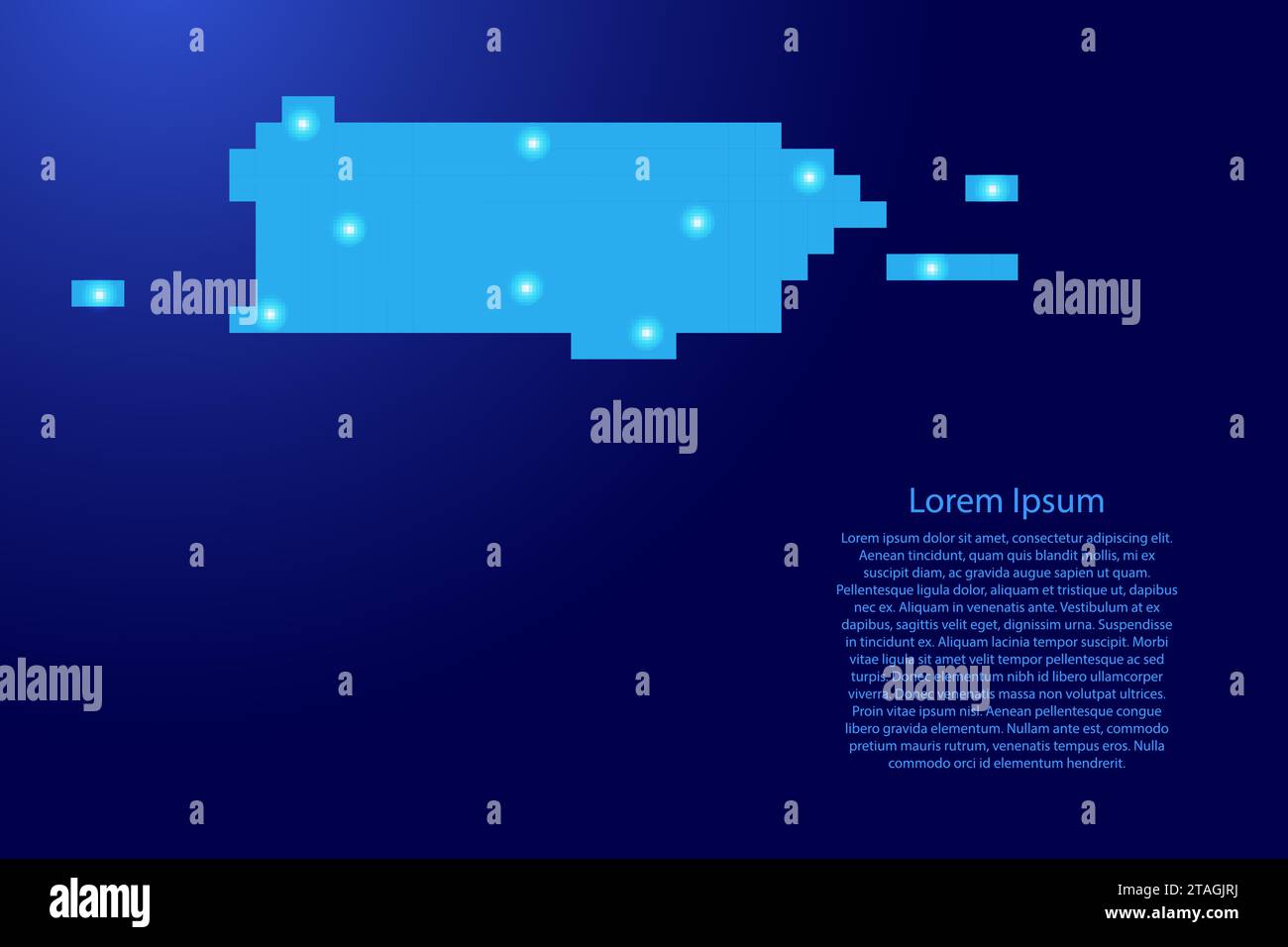 Puerto Rico map silhouette from blue square pixels and glowing stars ...