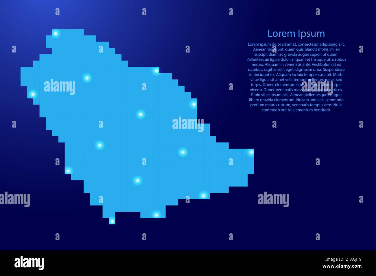 Saudi Arabia map silhouette from blue square pixels and glowing stars ...