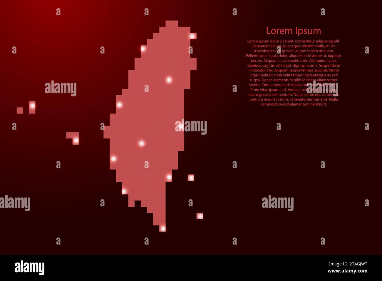 Taiwan map silhouette from red square pixels and glowing stars. Vector ...
