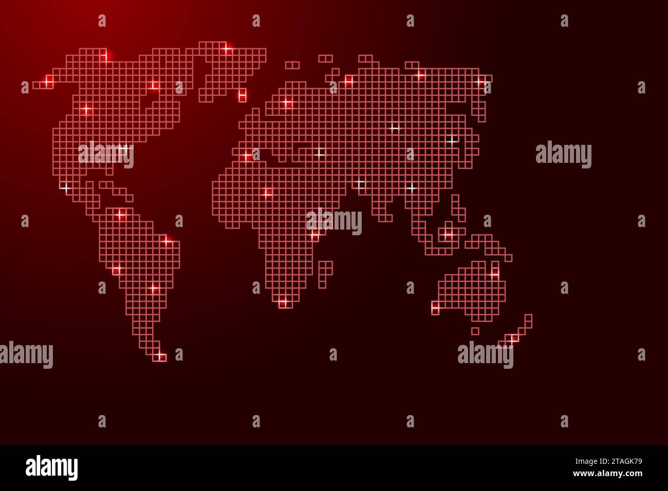 World map silhouette from red mosaic structure squares and glowing ...