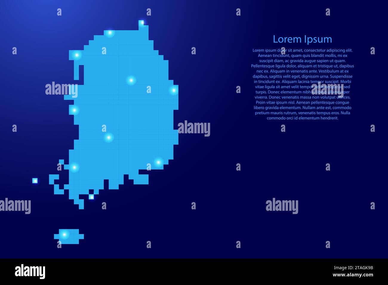 South Korea map silhouette from blue square pixels and glowing stars ...