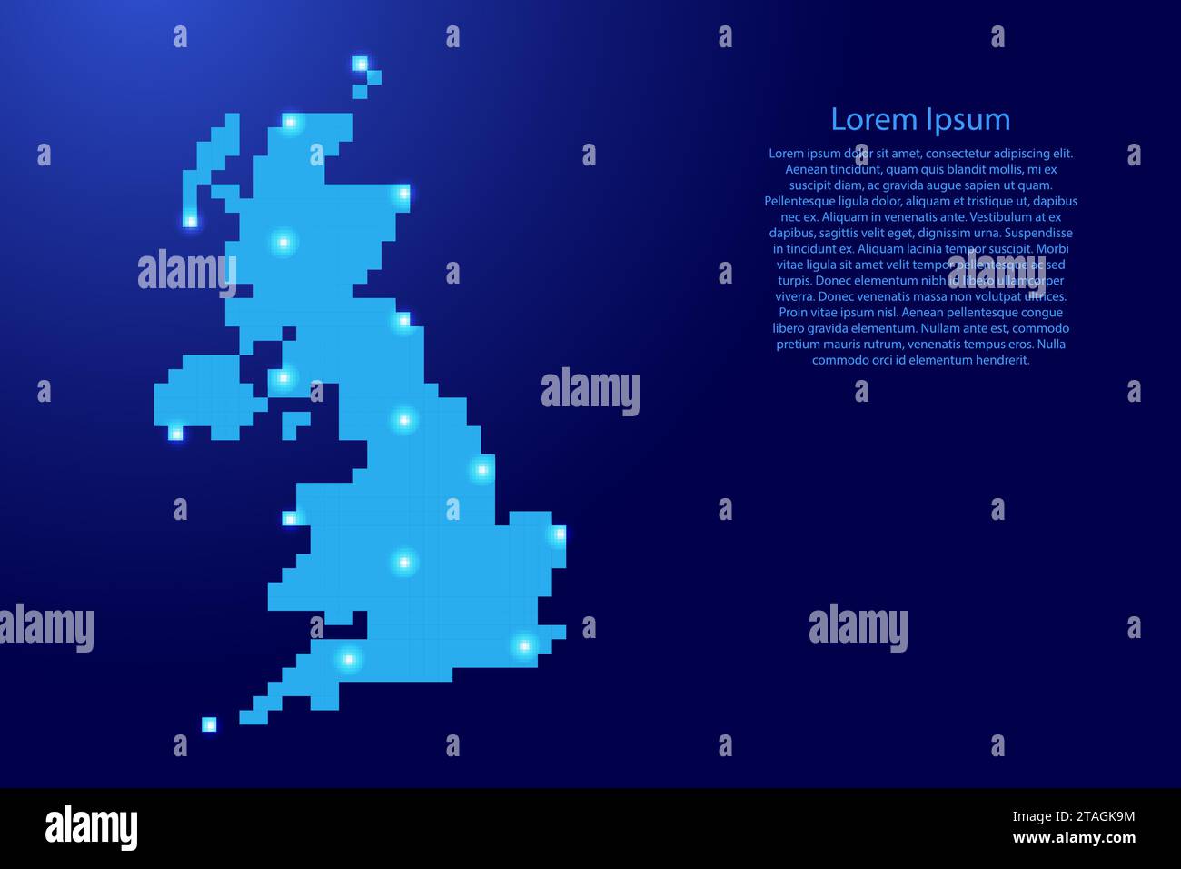 United Kingdom map silhouette from blue square pixels and glowing stars ...