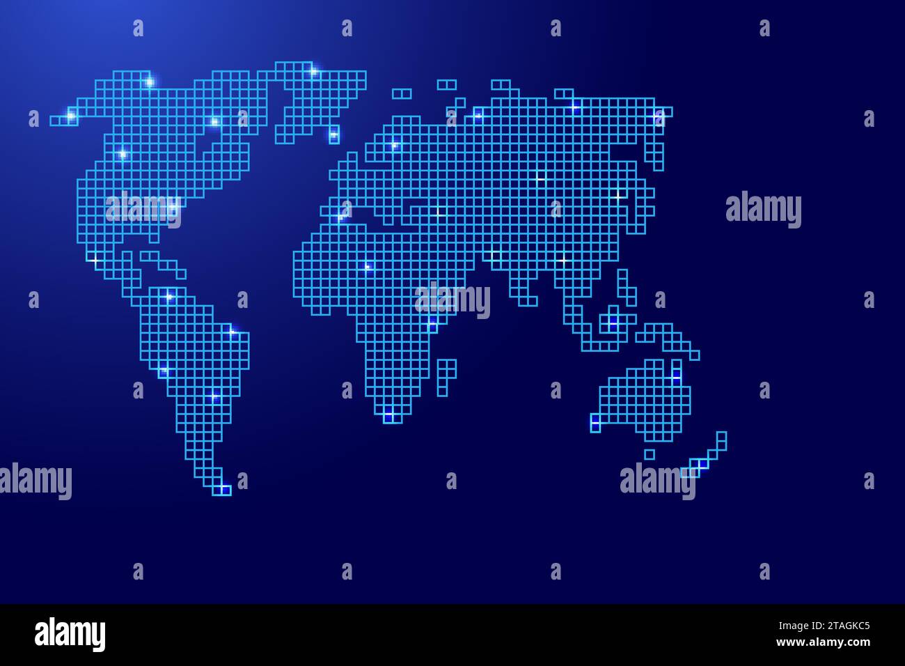 World map silhouette from blue mosaic structure squares and glowing ...