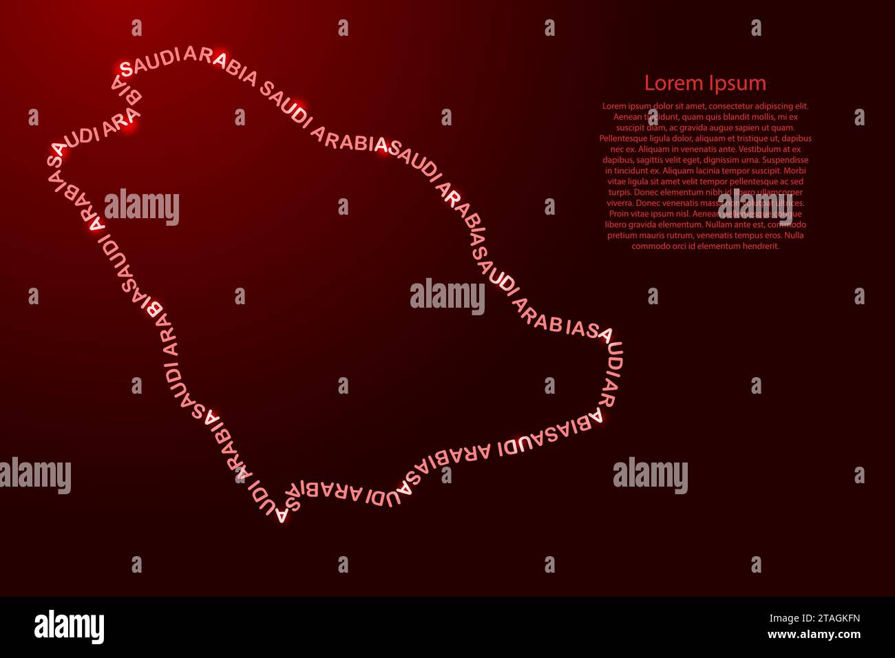 Saudi Arabia map country along contour of recurring english red words ...