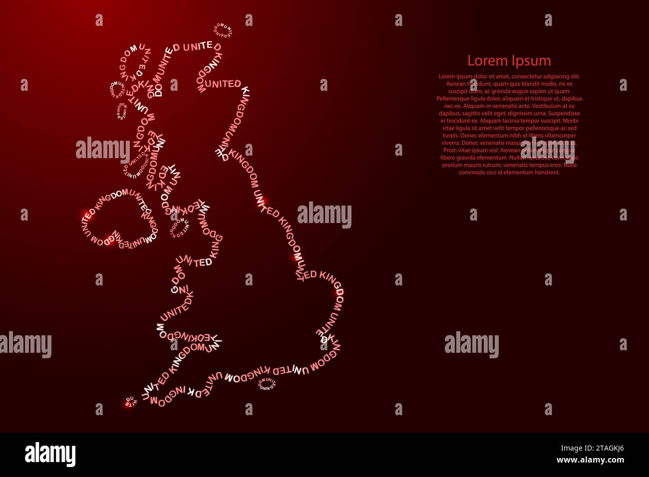 United Kingdom map country along contour of recurring english red words ...