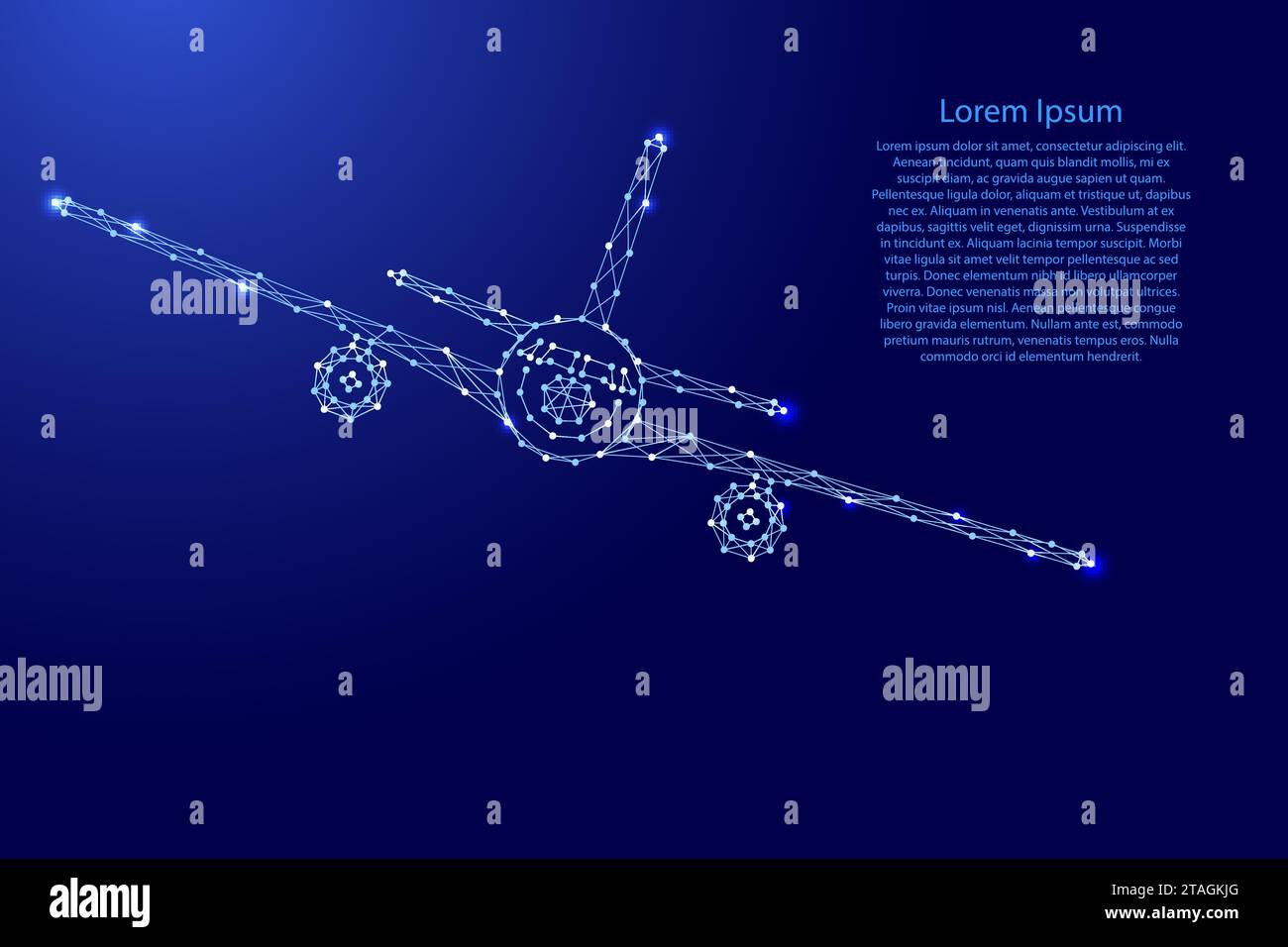 Airplane flying with roll, front view from futuristic polygonal blue ...