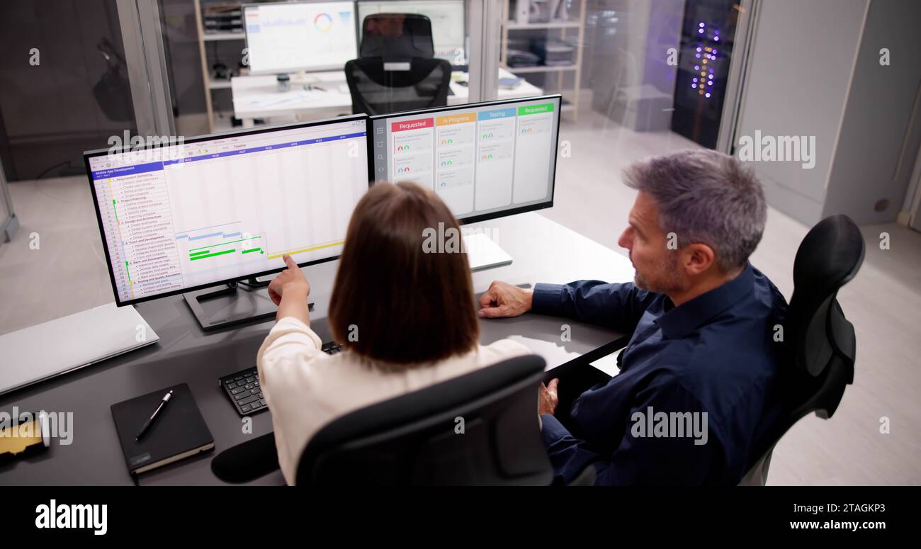 Modern Woman Analyzing Gantt Report on PC using Kanban Schedule Monitoring Stock Photo - Alamy