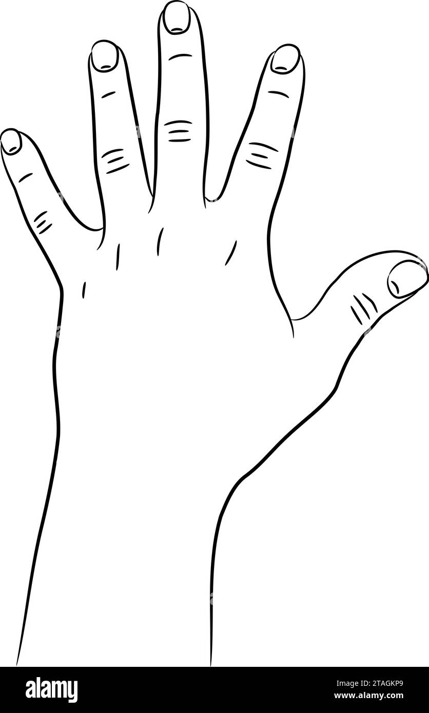 Hand with five fingers raised up sketch draw from the contour black ...
