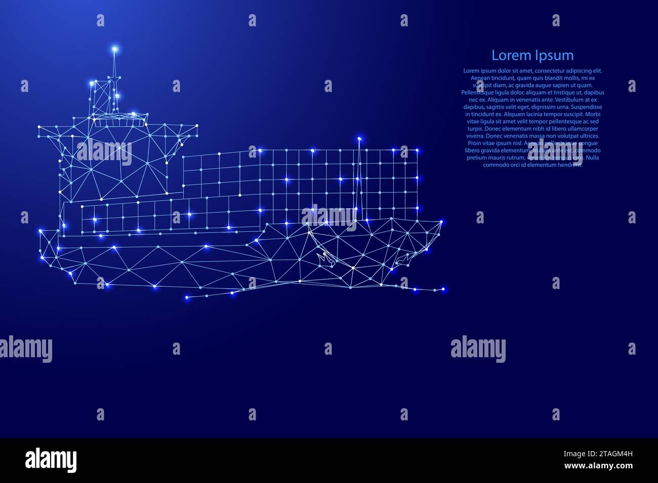 Container ship, from futuristic polygonal blue lines and glowing stars ...