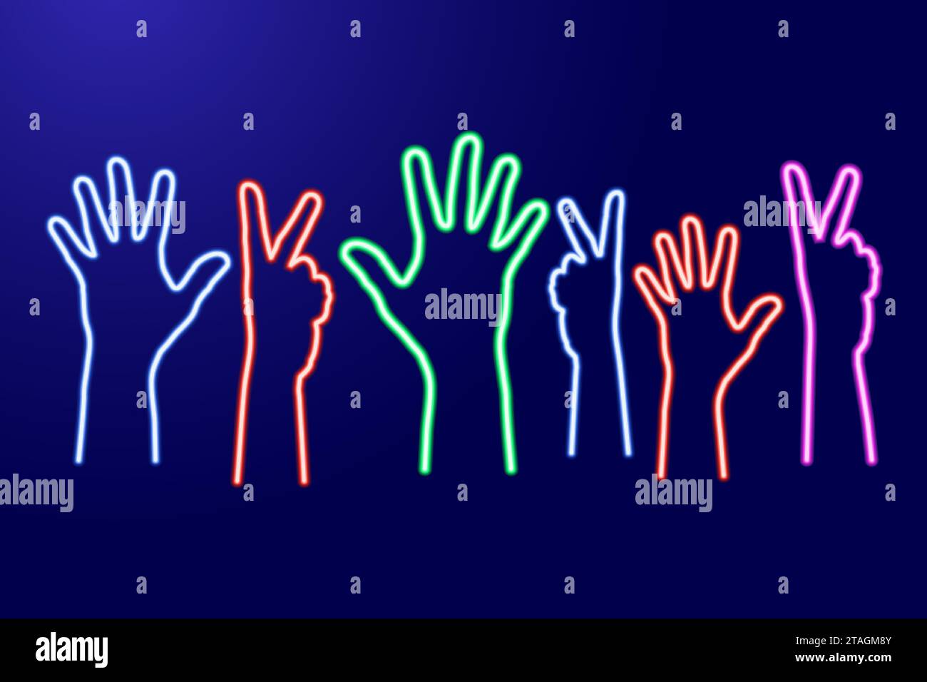 Multicultural team, hands raised up with fingers spread and a sign of ...