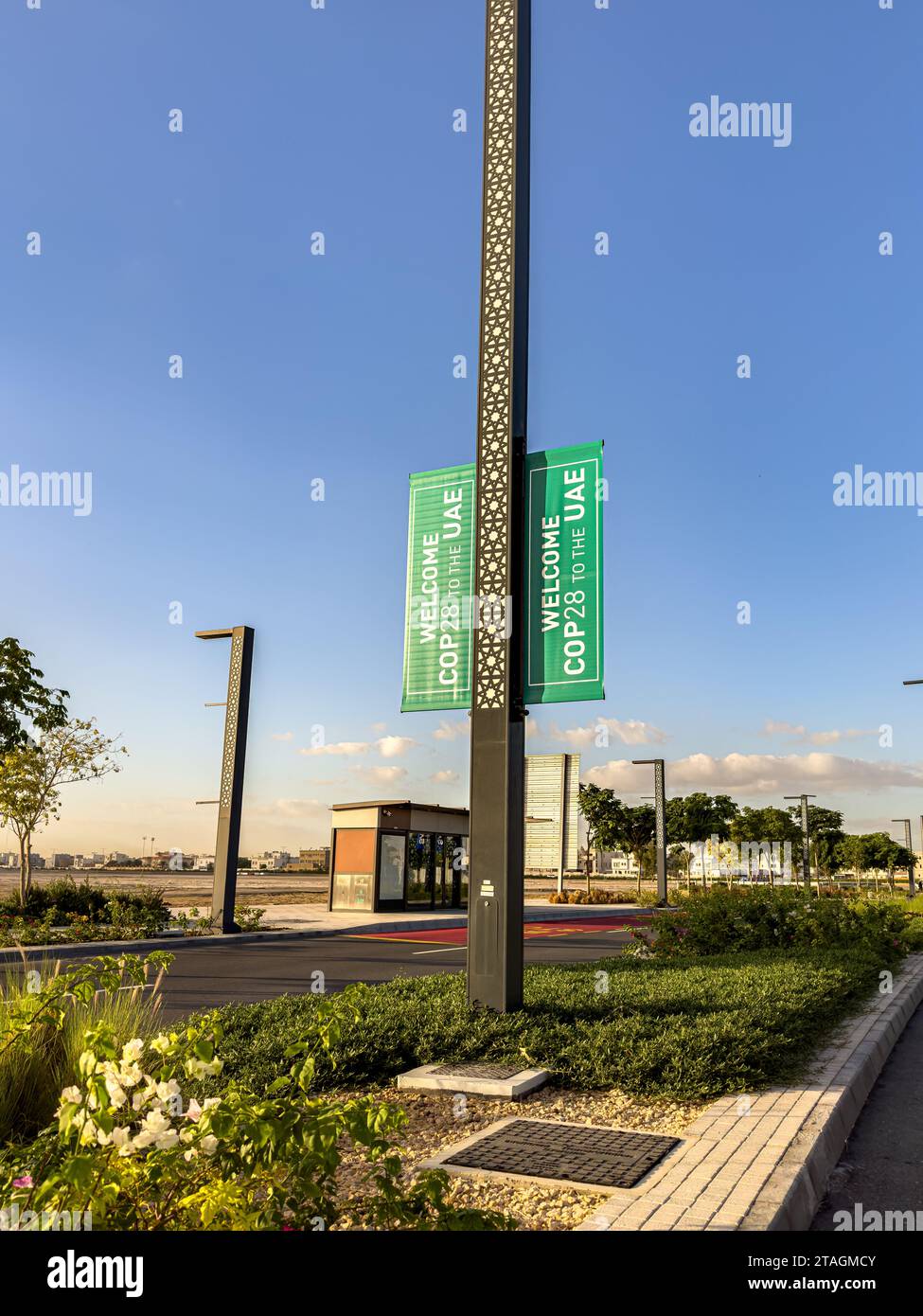 Welcome COP 28 to UAE sign as seen in Masdar City, Abu Dhabi at the ...