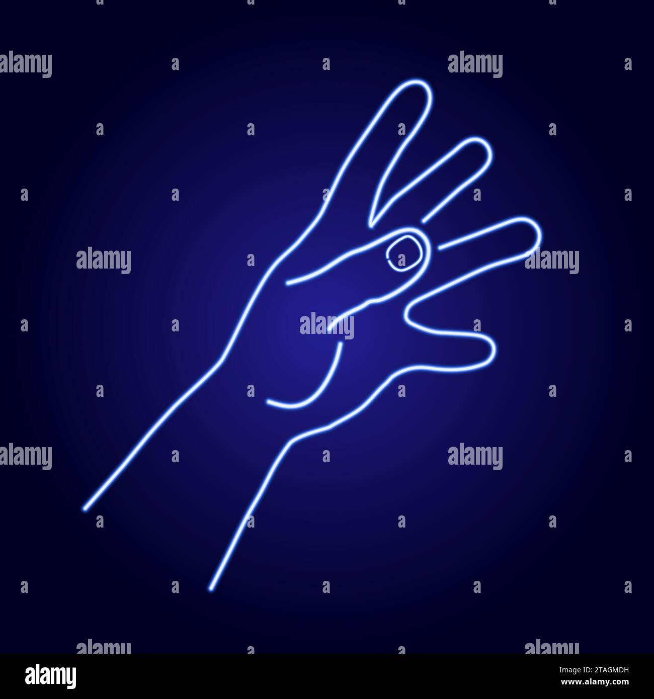 Hand try to reach something from glowing blue neon luminescence lines ...