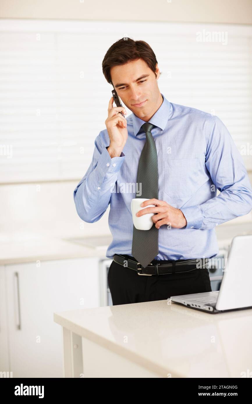Serious businessman, phone call and coffee for discussion or ...