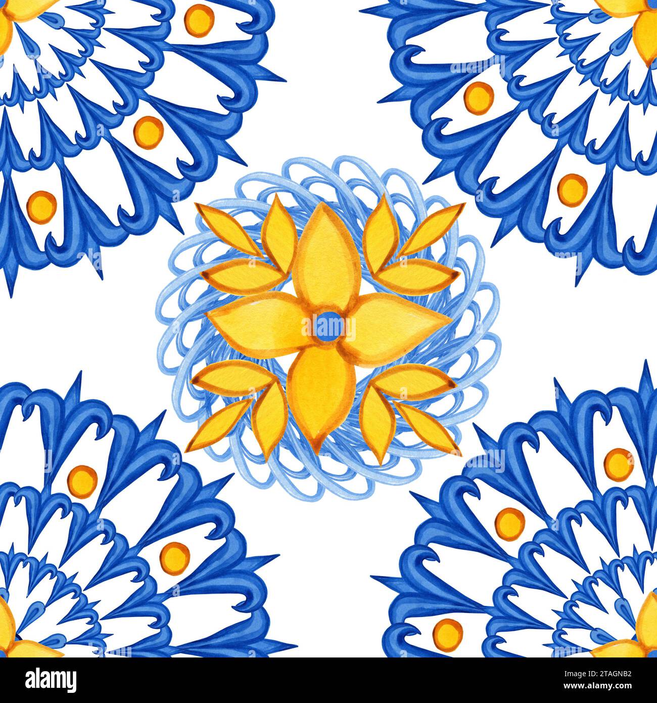 Majolica watercolor seamless pattern. Sicilian hand drawn ornament ...