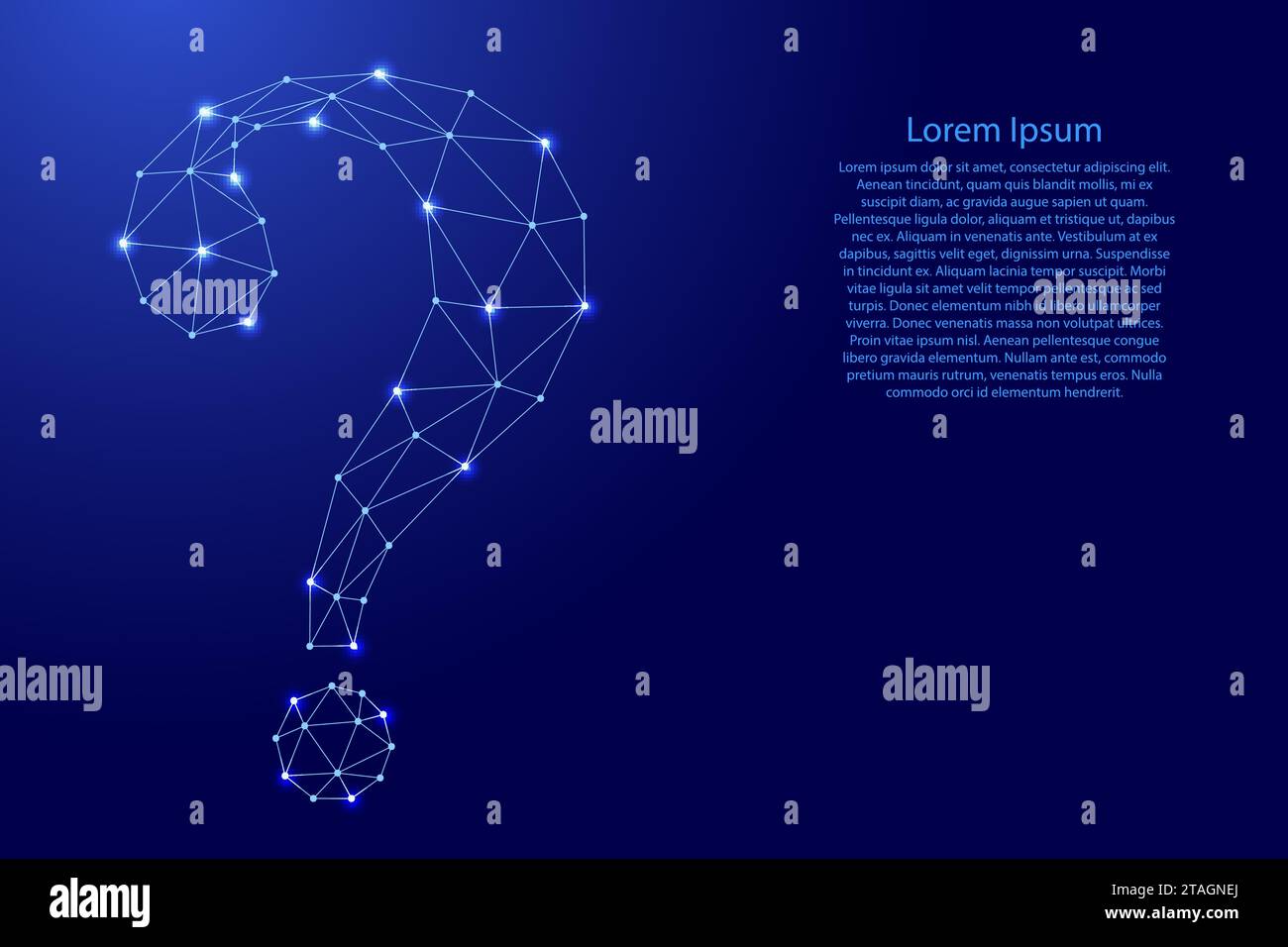 Large question mark from futuristic polygonal blue lines and glowing stars for banner, poster ...