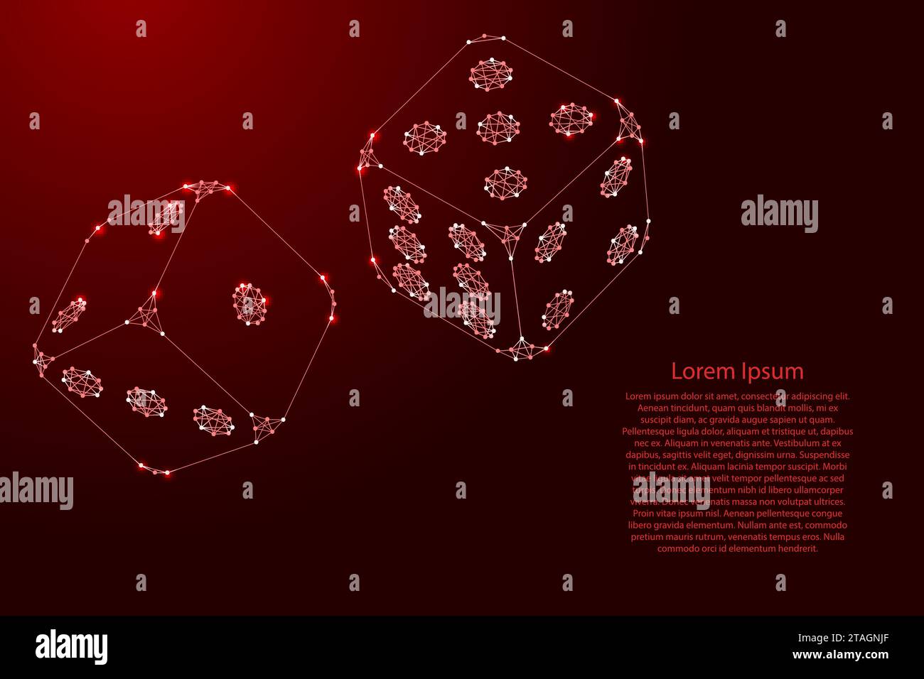 Playing dice, two cubes with dots from futuristic polygonal red lines ...