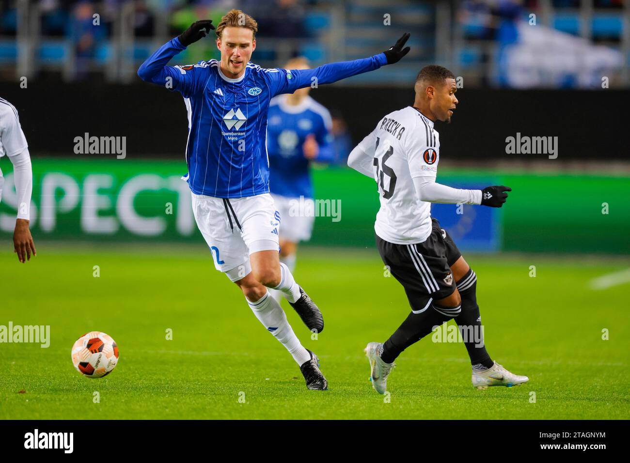 Molde 20231130.Molde's Magnus Groedem (left) and Qarabag's Patrick ...