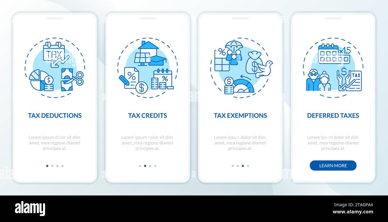 Tax benefits types blue onboarding mobile app screen Stock Vector Image ...