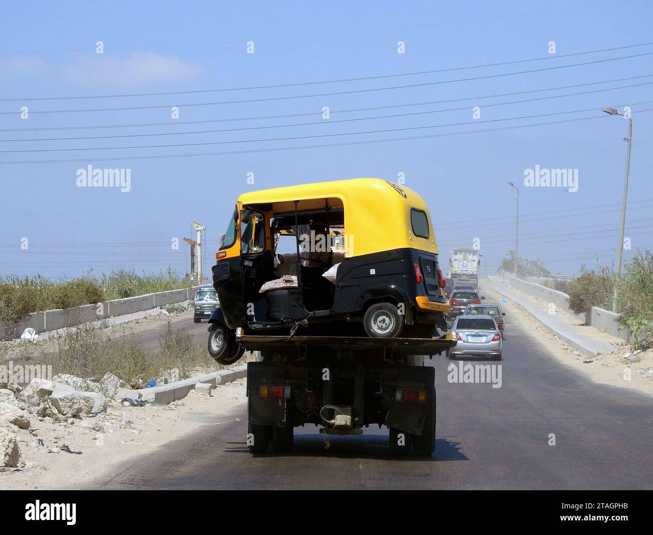 Alexandria, Egypt, September 9 2022: tow recovery transporter flatbed ...