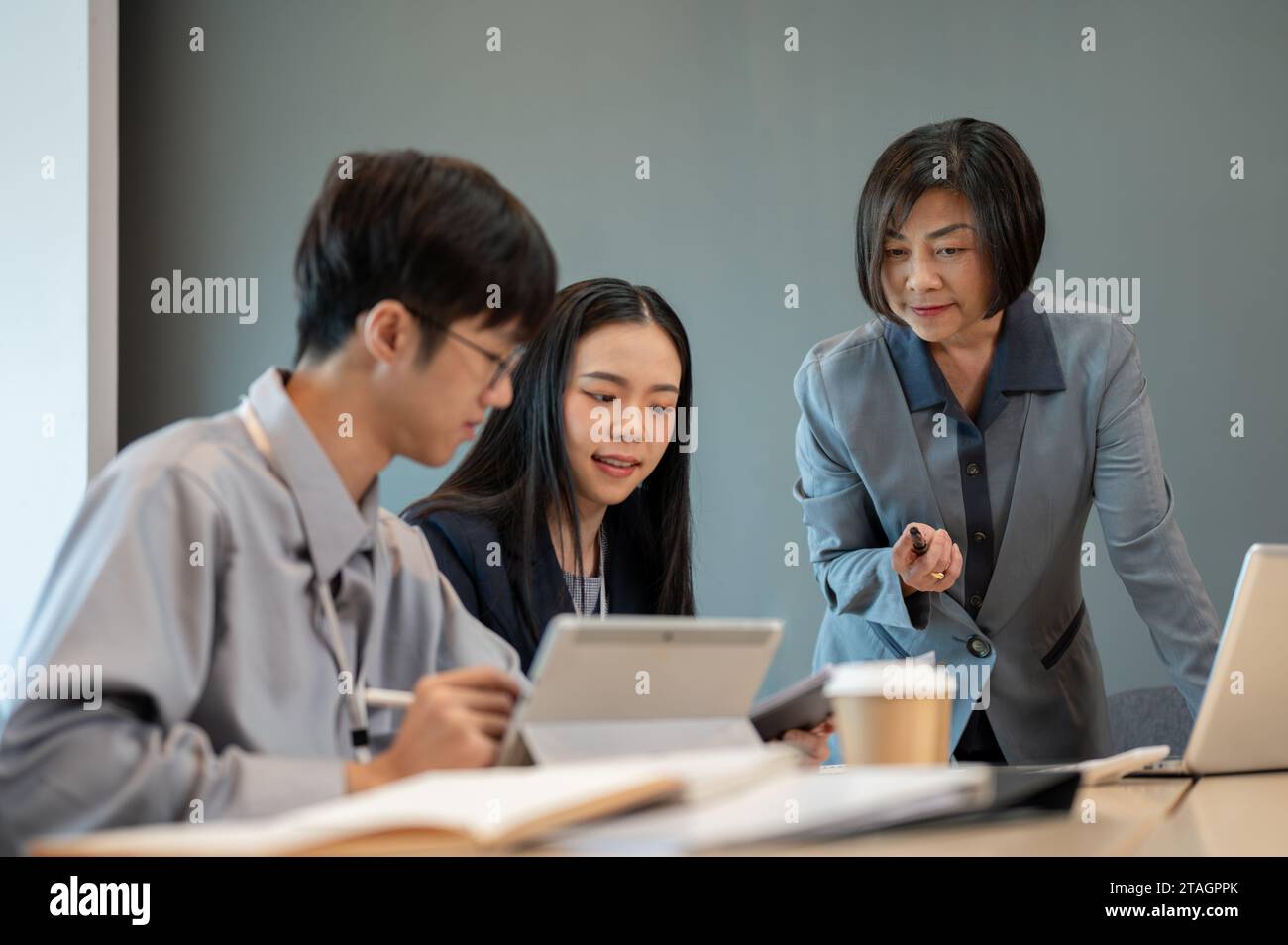 A professional senior Asian female boss is sharing her ideas, coaching ...