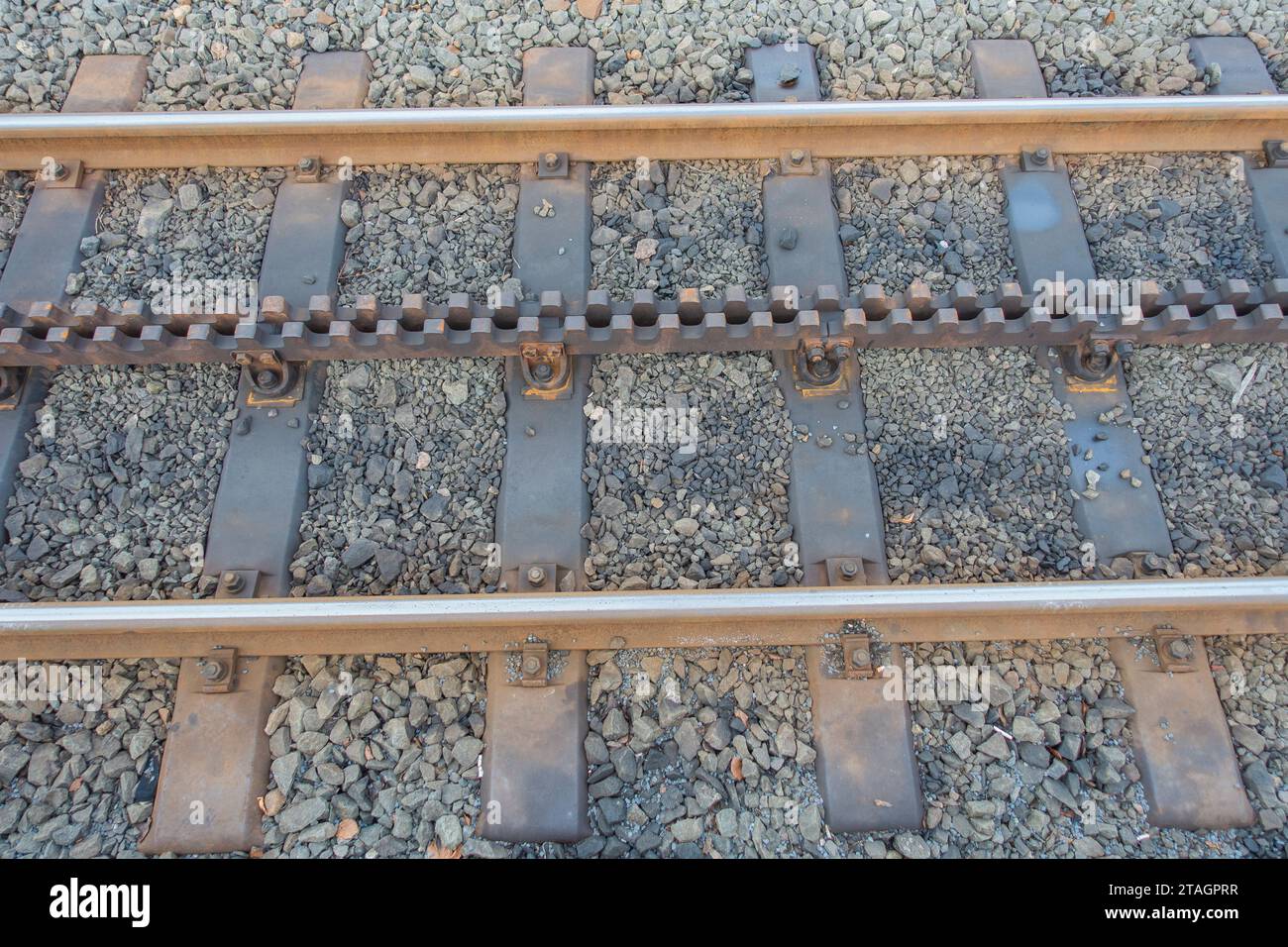 track, rails, steel railway sleepers on the cog railway from Tanvald to ...