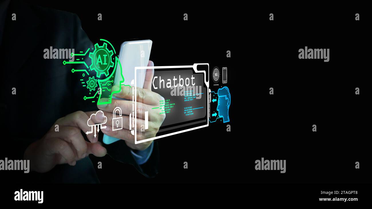 AI tech. Chat Bot, chat with Ai. A man uses virtual graphic of a ...