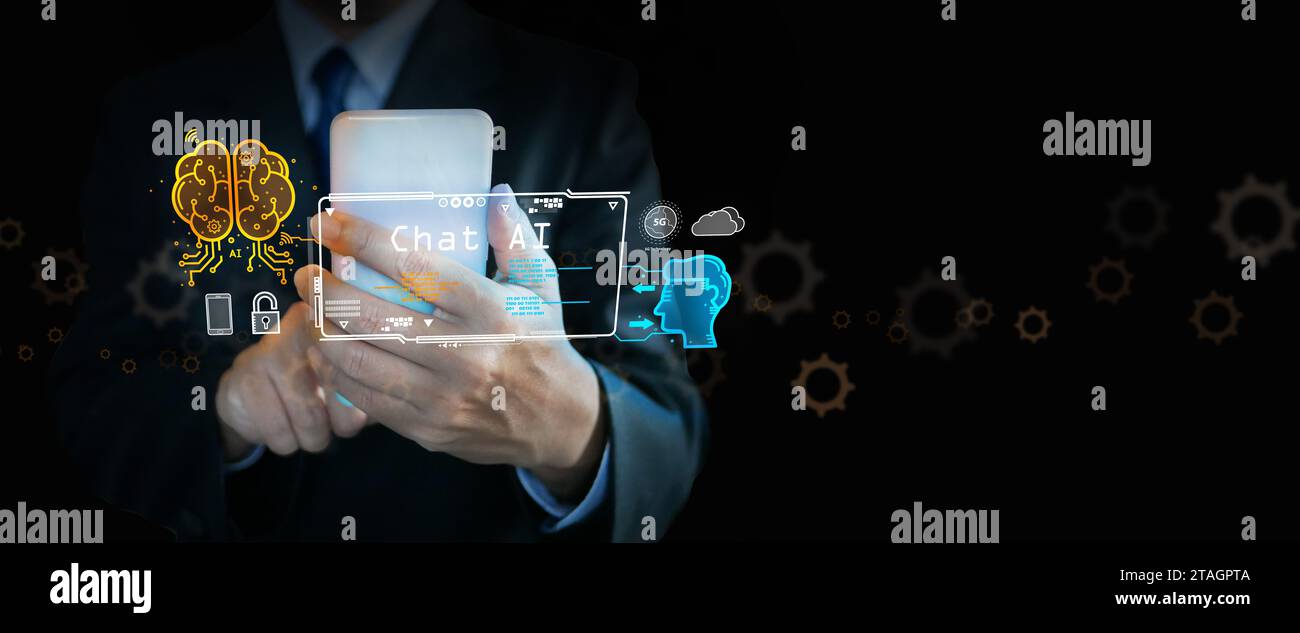 AI tech. Chat Bot, chat with Ai. A man uses virtual graphic of a ...