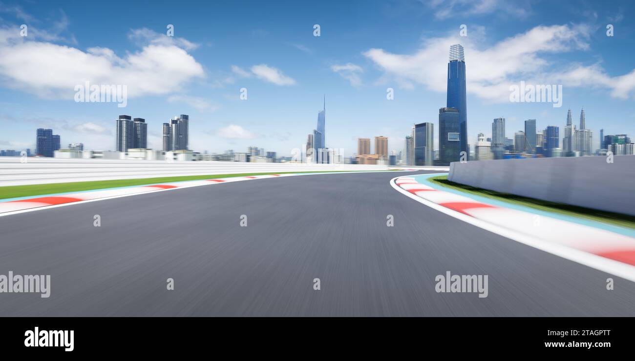 High speed blurred racing curve road with modern city scenery Stock ...