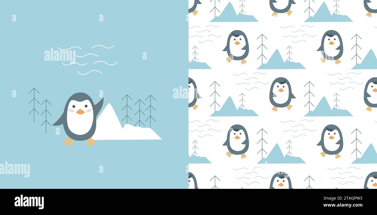 Hand drawn penguin set card and seamless pattern. Cute background with ...