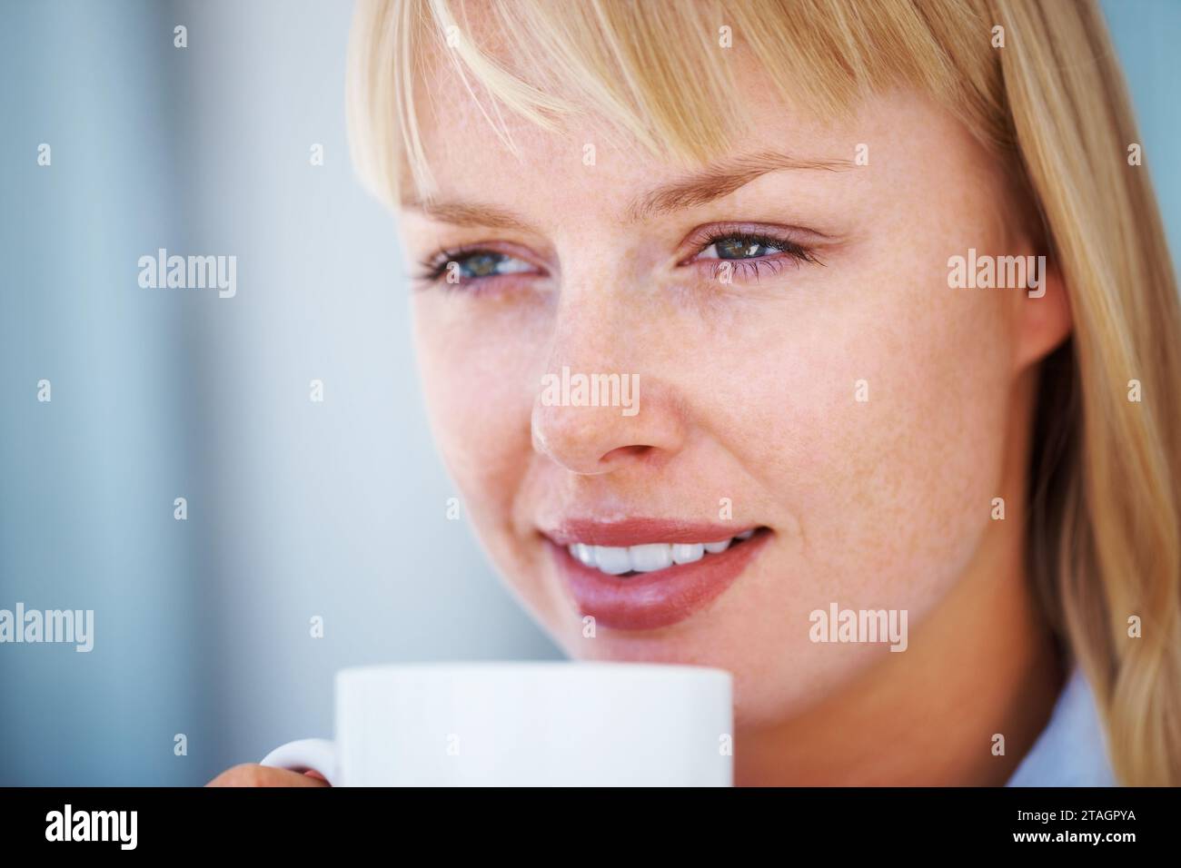 Thinking, coffee and young woman at her home relax on weekend morning ...