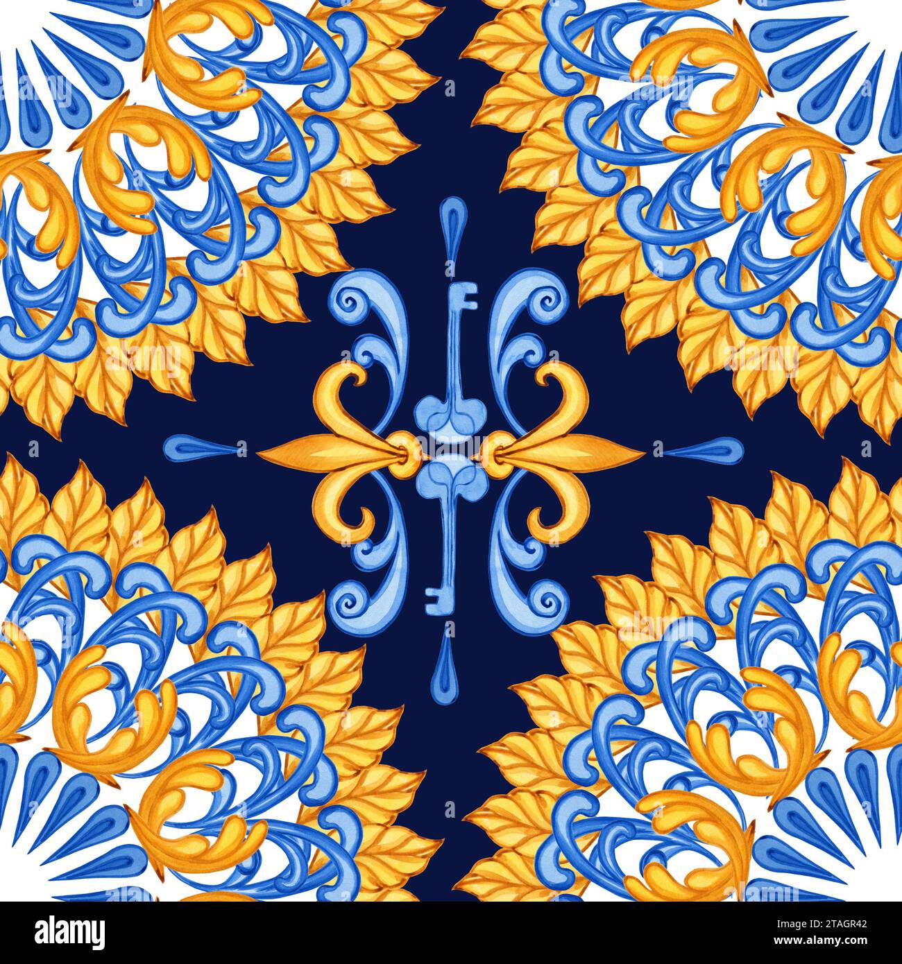 Majolica watercolor seamless pattern. Sicilian hand drawn ornament ...