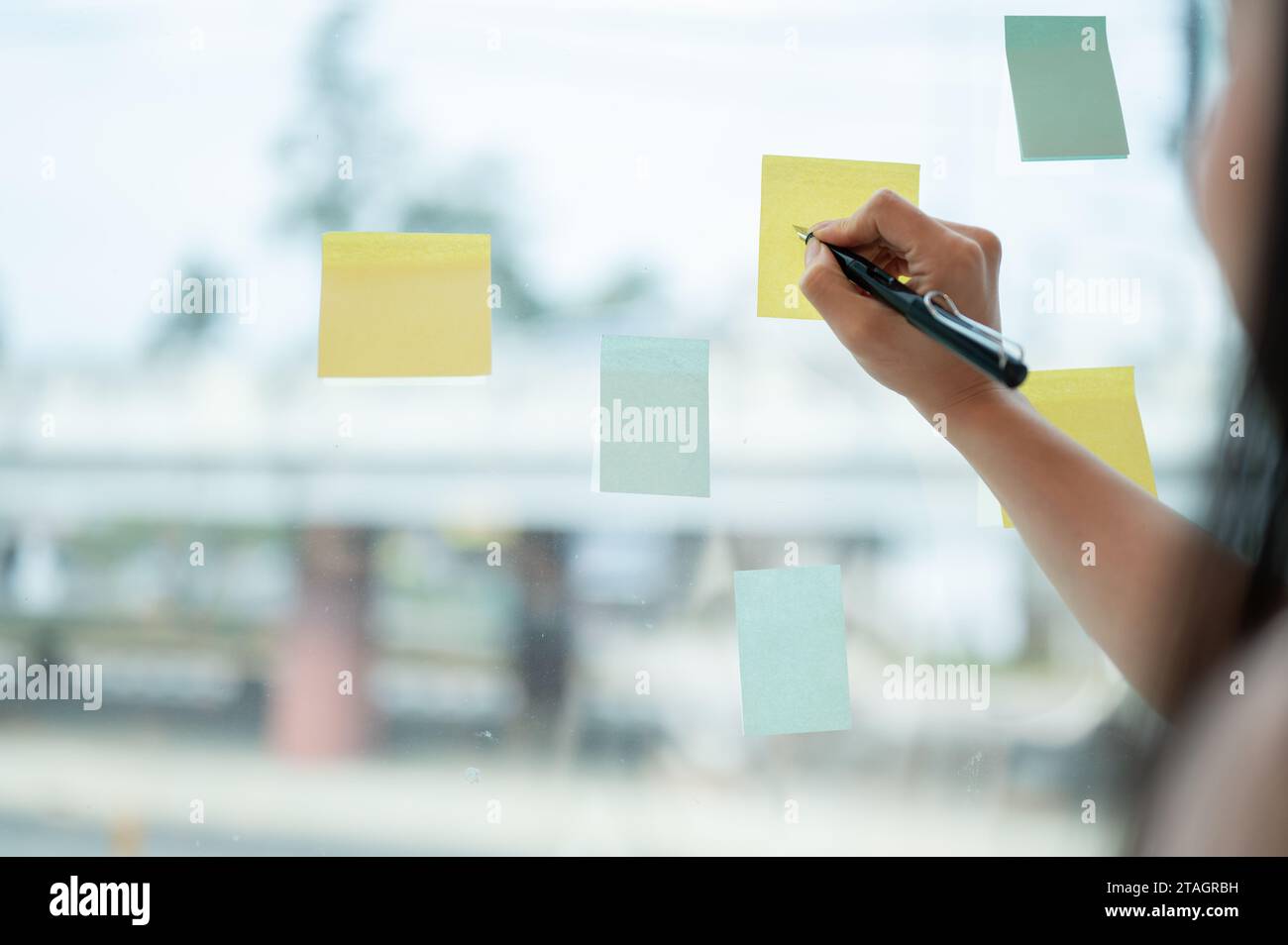 Close-up image of a businesswoman or female marketing officer writing ...