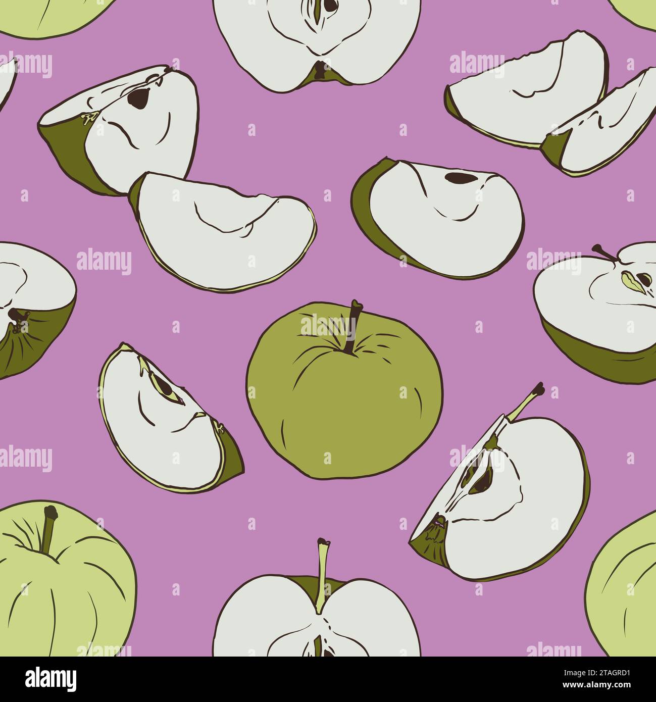 Seamless pattern of hand-drawn sketches with apples. Illustrations with whole and cut fruits ...
