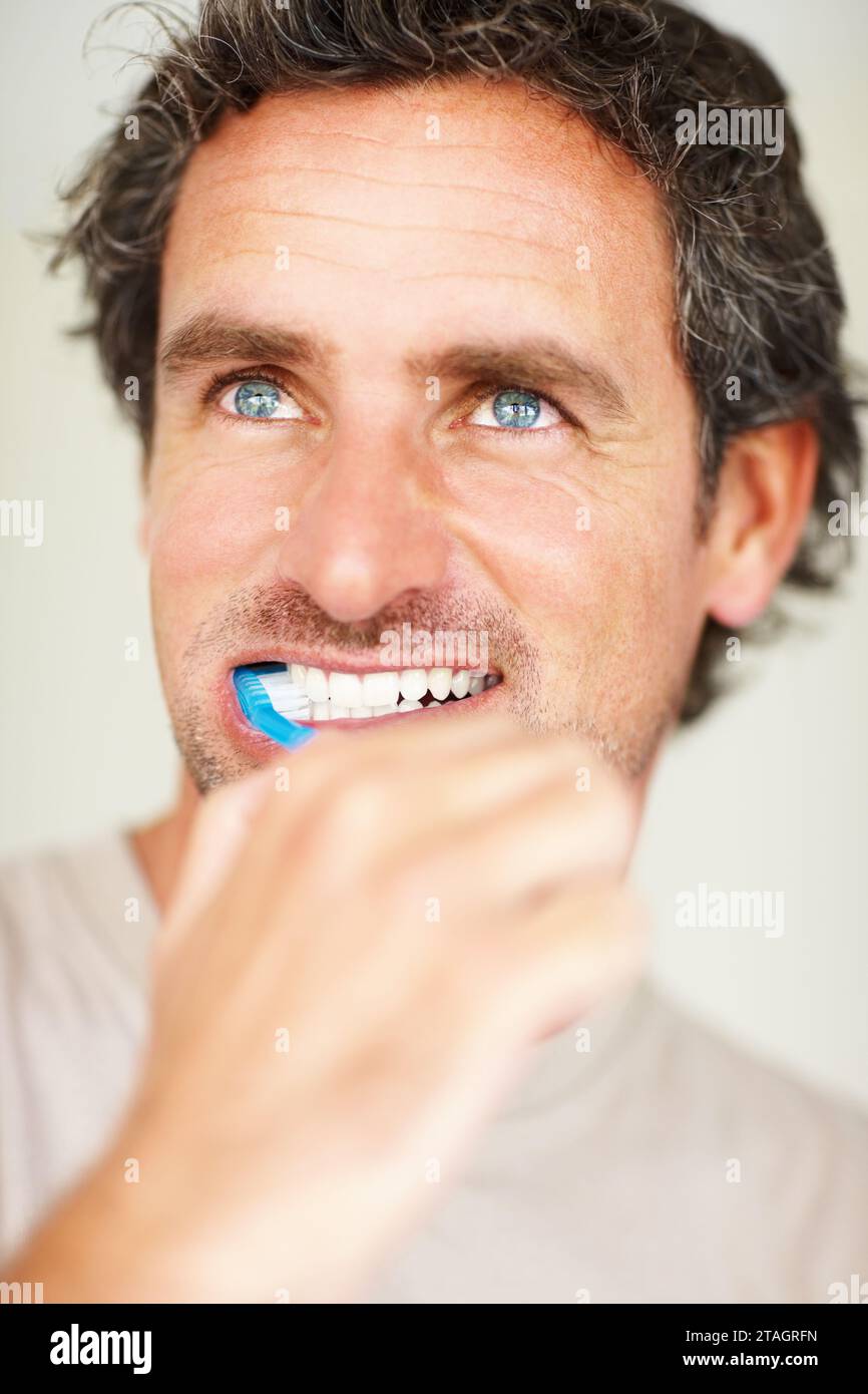 Dental, man and face with smile or toothbrush for morning routine ...