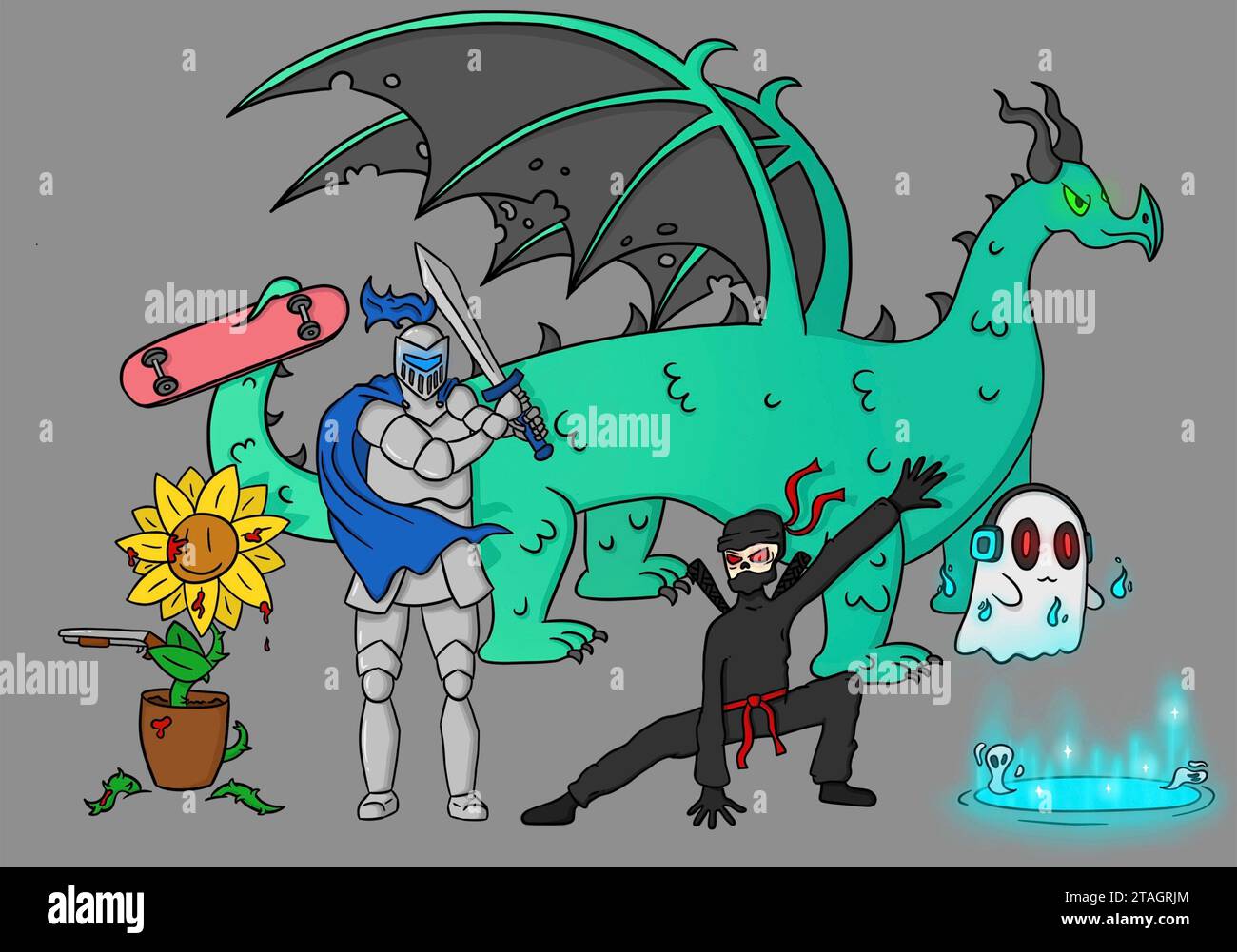 A whimsical illustration featuring a skateboarding dragon, a medieval ...