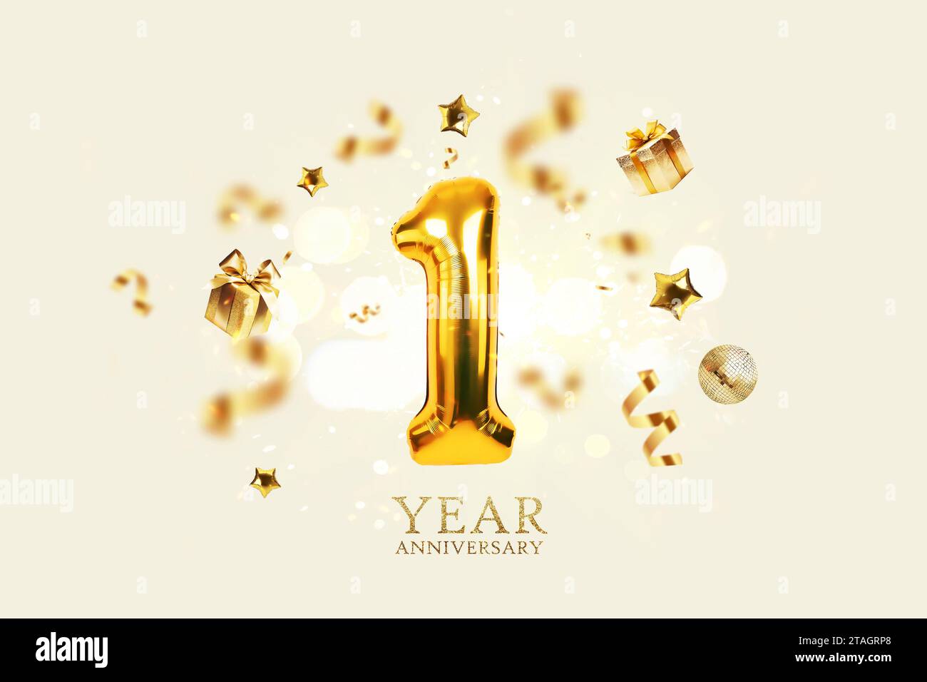 Gold festive balloons 1 year anniversary with golden confetti, presents ...