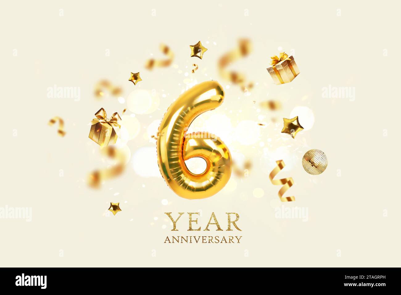 Gold festive balloons 6 year anniversary with golden confetti, presents ...