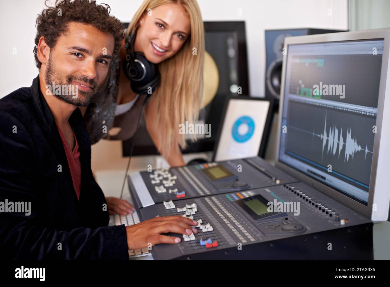 DJ, musician team and recording studio portrait with a man and music ...