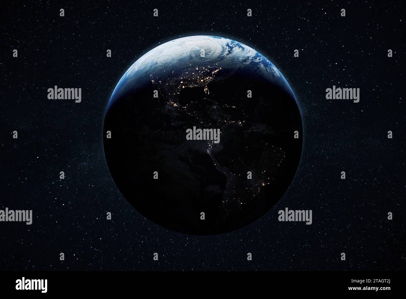 Amazing blue planet earth with night city lights. North and South ...