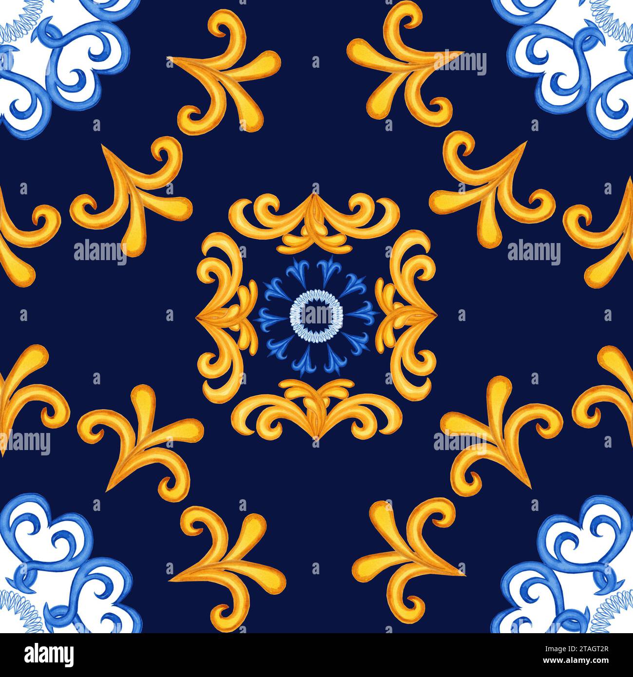 Majolica watercolor seamless pattern. Sicilian hand drawn ornament ...