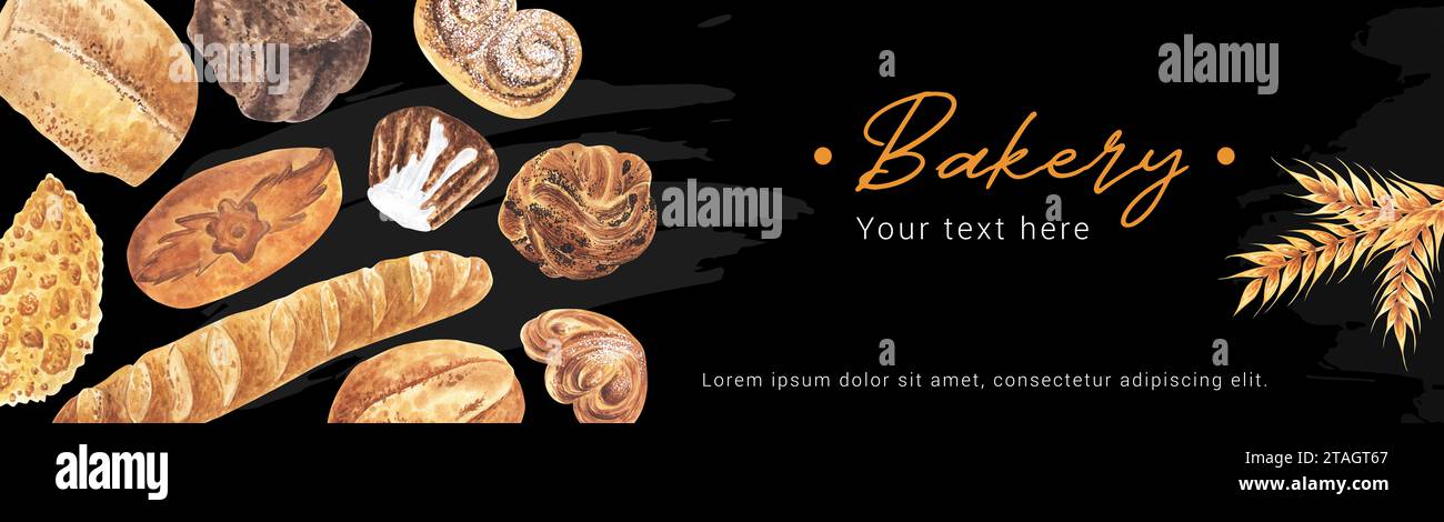 Bakery horizontal banner. Hand drawn sketch with bread, pastry, sweet ...