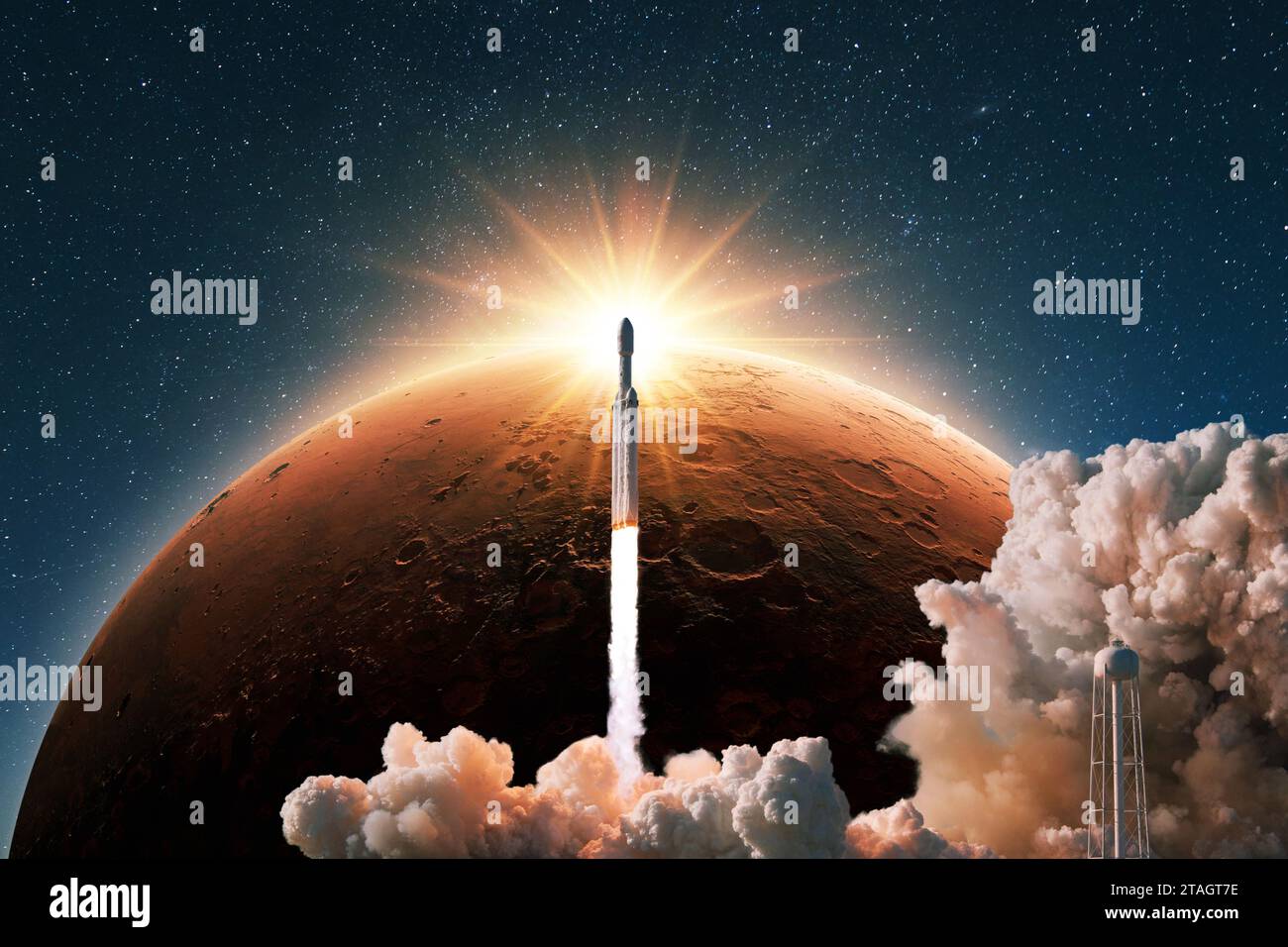 Space rocket with smoke and blast successfully launching to the red ...