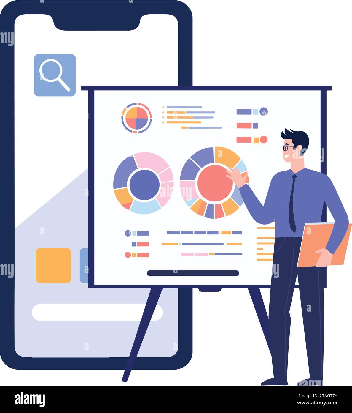 Hand Drawn Businessman with presentation charts in flat style isolated ...