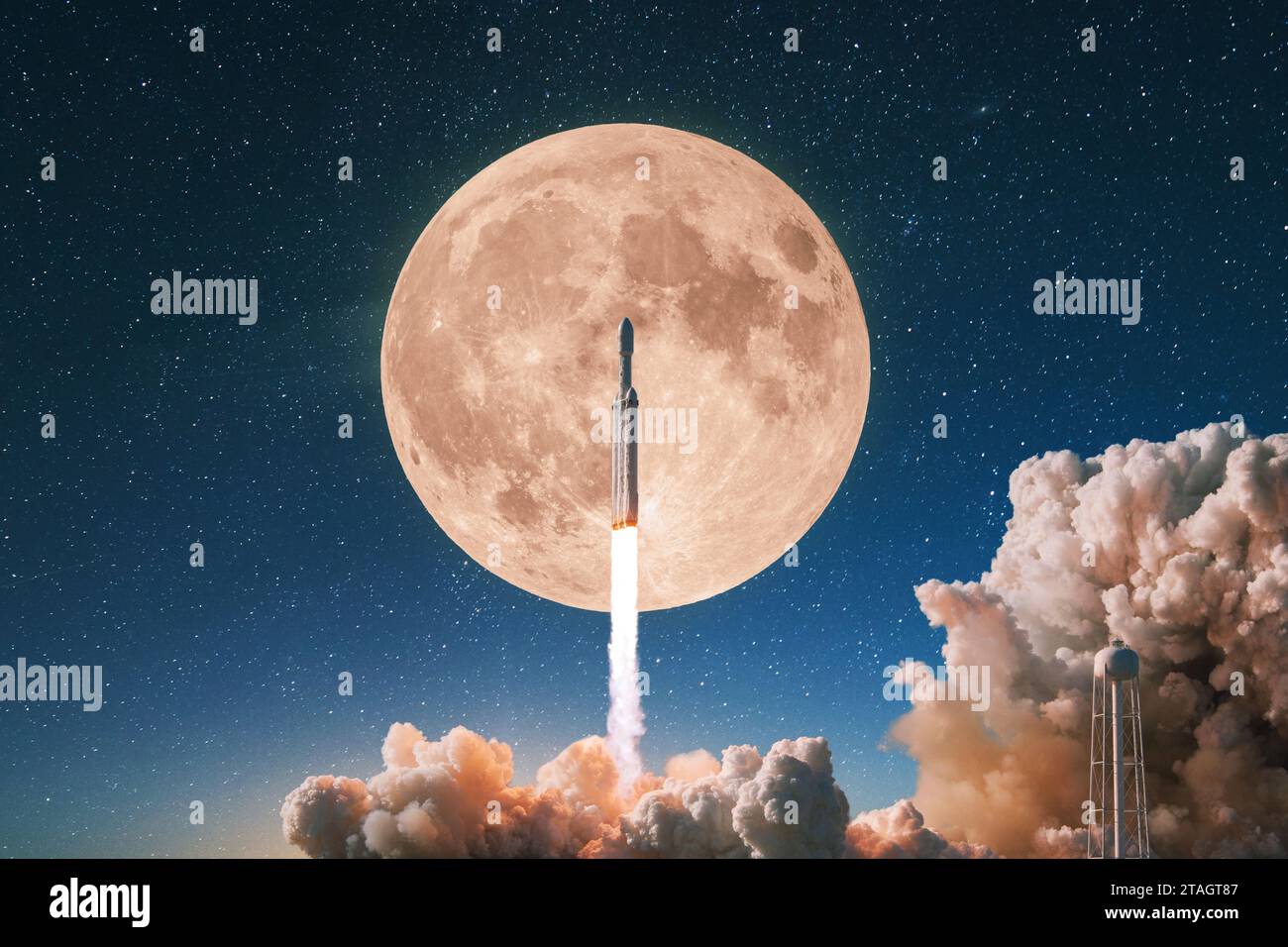Rocket spaceship with smoke and blast takes off into the starry sky ...
