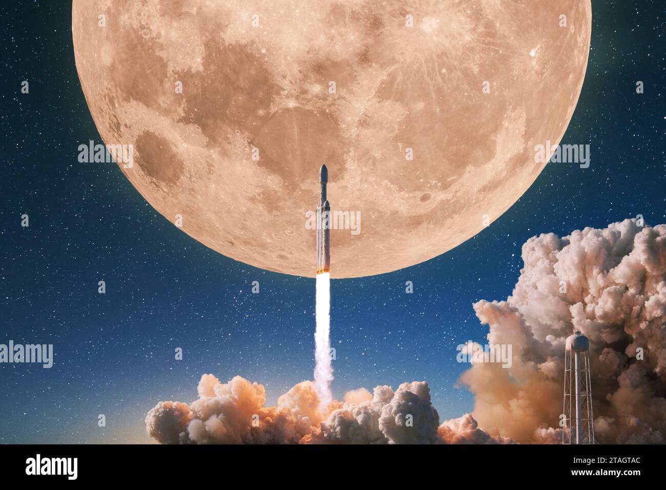 Space Rocket Successfully Launches Into The Starry Sky With A Full Moon