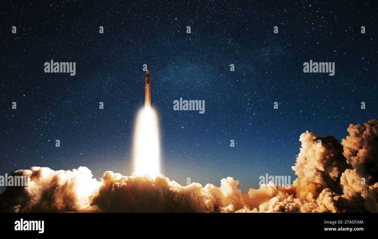 Rocket with clouds of smoke and blast successfully takes off into the ...